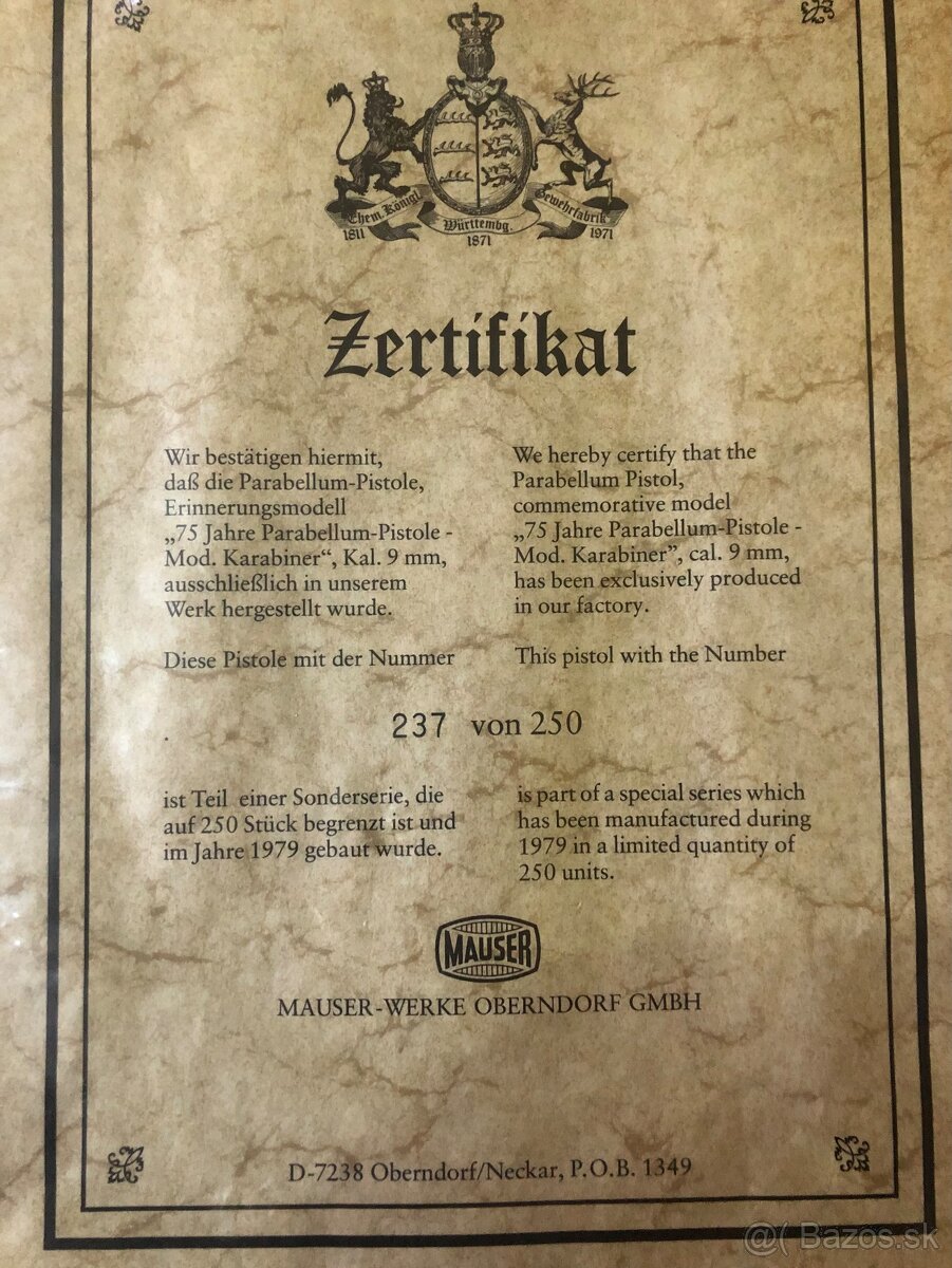 Mauser Parabellum Pistol Karabine - Trenčín | Bazoš.sk